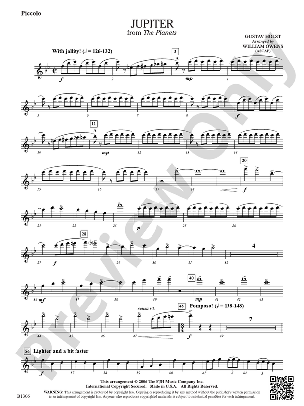 Jupiter (from The Planets): Piccolo: Piccolo Part: Gustav Holst - Digital Sheet Music Download