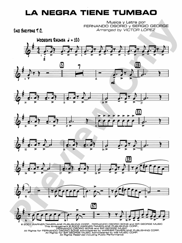 La Negra Tiene Tumbao: 2nd Baritone T.C.: 2nd Baritone T.C. Part - Digital Sheet Music Download