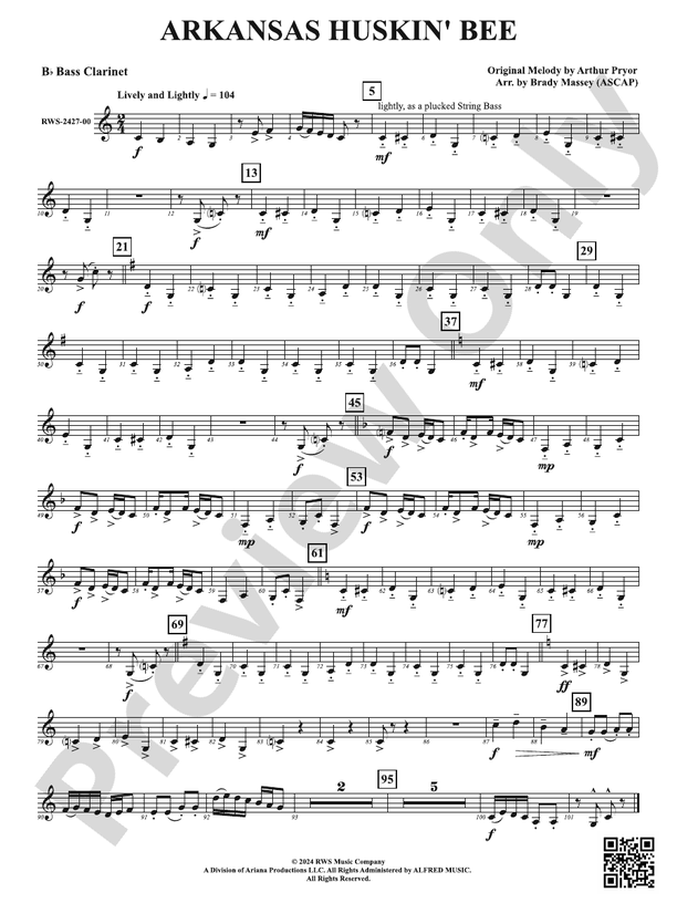 Arkansas Huskin' Bee: Bass Clarinet: Bass Clarinet Part: Arthur Pryor ...