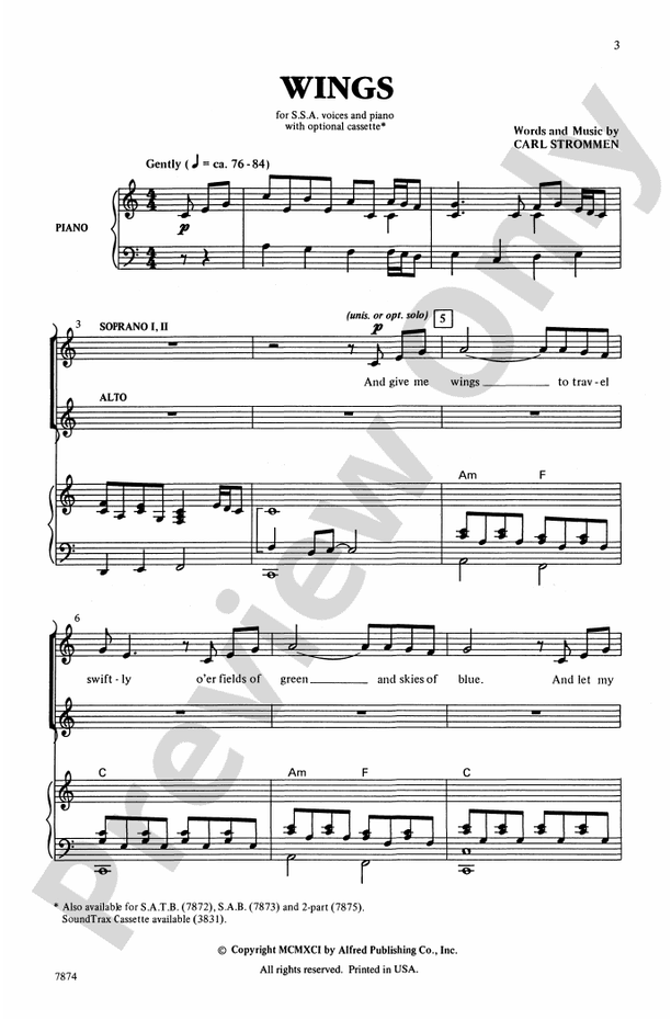 Wings: SSA Choral Octavo: Carl Strommen - Digital Sheet Music Download