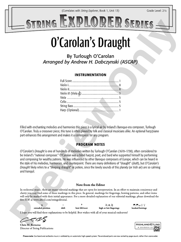 O'Carolan's Draught: String Orchestra Conductor Score & Parts: Andrew H ...