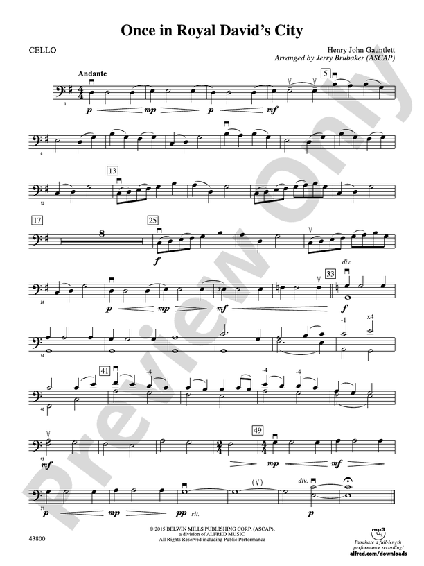 Once in Royal David's City: Cello: Cello Part - Digital Sheet Music Download