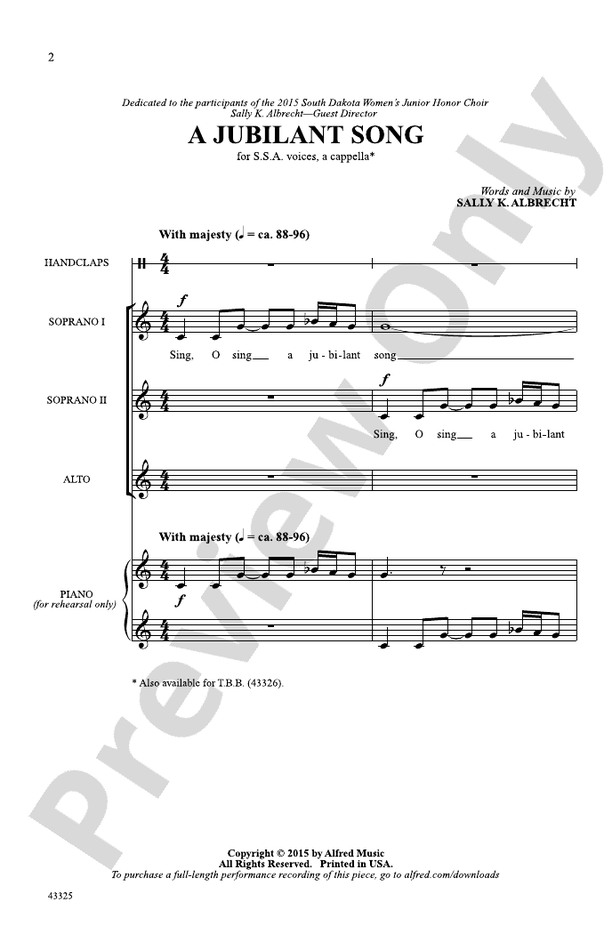 A Jubilant Song: SSA, a cappella Choral Octavo: Sally K. Albrecht ...
