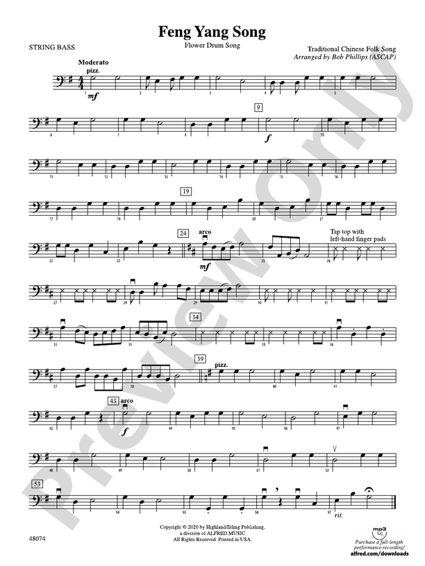 Feng Yang Song: String Bass: String Bass Part - Digital Sheet Music ...