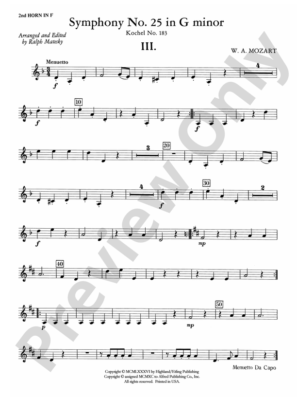 Mozart's Symphony No. 25 in G Minor, 3rd & 4th Movements: 2nd F Horn: 2nd F Horn Part - Digital ...