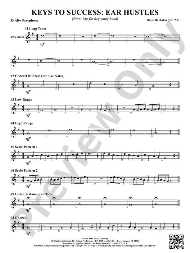 Keys to Success: Ear Hustles - Warm-Ups for Beginning Band: 1st E-flat Alto Saxophone: 1st E ...