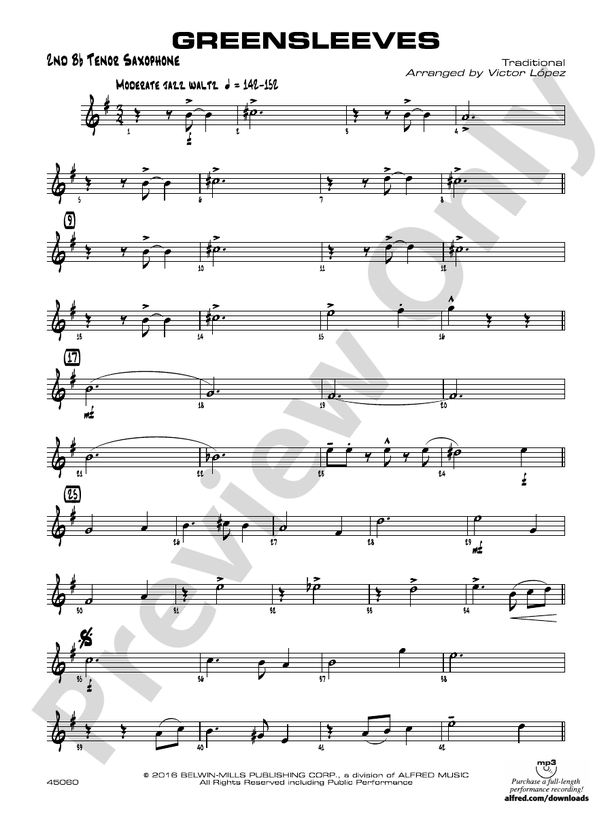 Greensleeves 2nd B Flat Tenor Saxophone 2nd B Flat Tenor Saxophone