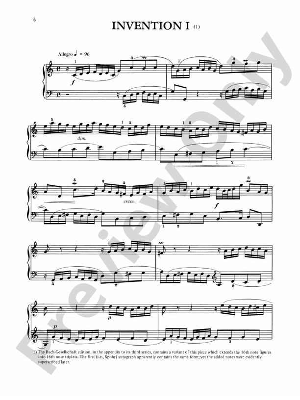 Bach: Two and Three-Part Inventions (Ed. Hans Bischoff): Invention I ...