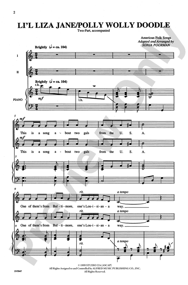 Li'l Liza Jane / Polly Wolly Doodle: 2-Part Choral Octavo - Digital ...