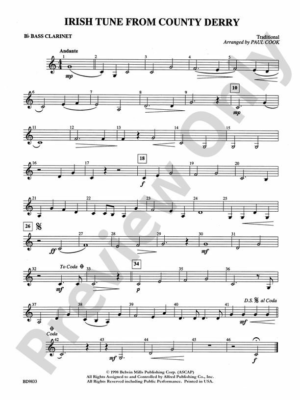 Irish Tune from County Derry: B-flat Bass Clarinet: B-flat Bass ...