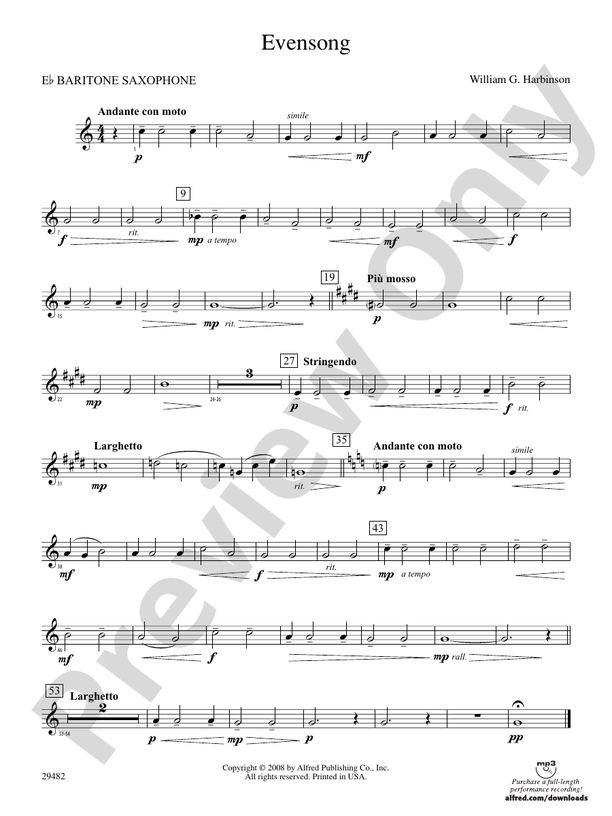 Evensong: E-flat Baritone Saxophone: E-flat Baritone Saxophone Part - Digital Sheet Music Download