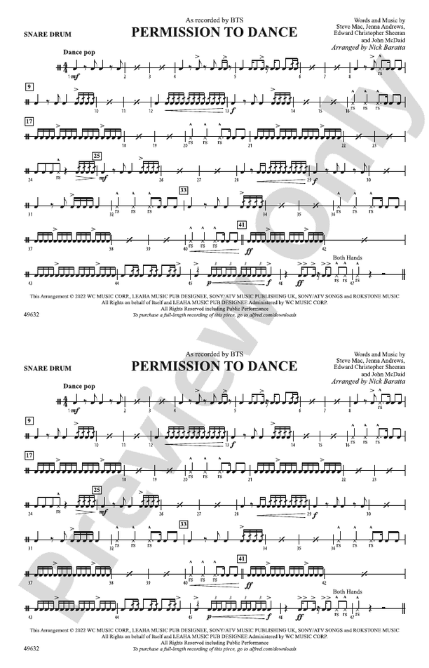 Permission to Dance: Snare Drum: Snare Drum Part - Digital Sheet Music ...