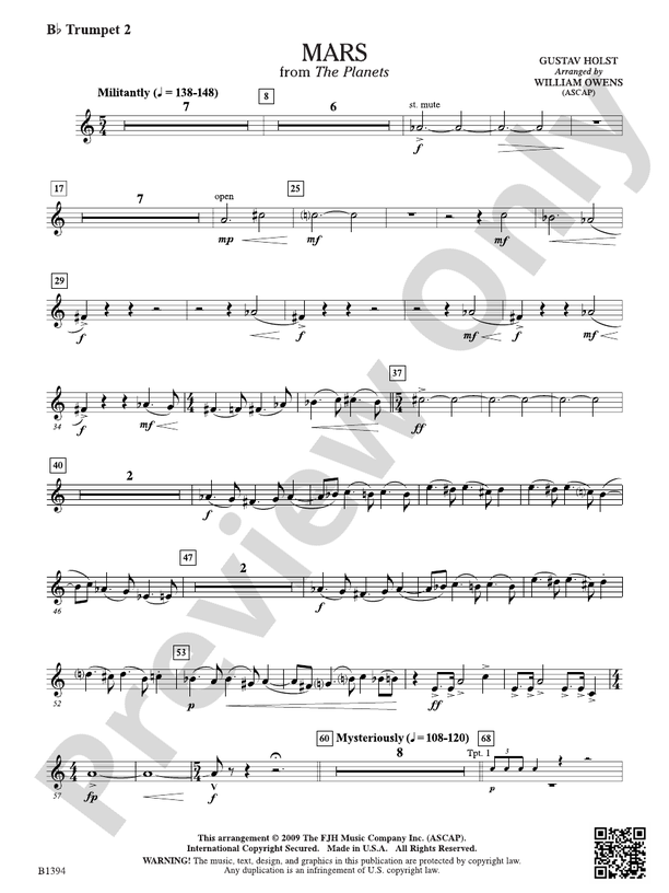 Mars from The Planets: B-flat Trumpet 2: B-flat Trumpet 2 Part: Gustav ...