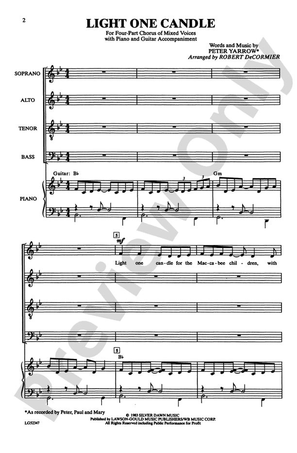 Light One Candle: SATB Choral Octavo: Peter Yarrow - Digital Sheet ...
