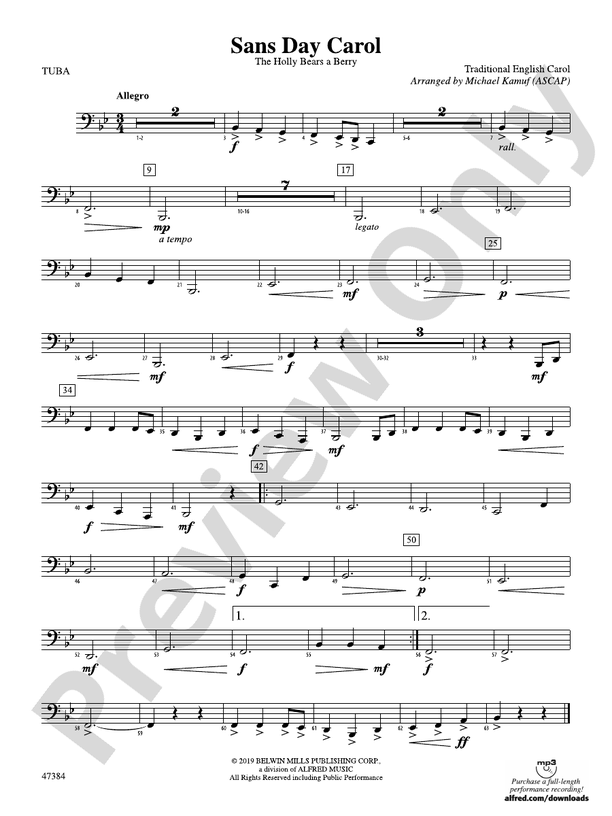 Sans Day Carol: Tuba: Tuba Part - Digital Sheet Music Download