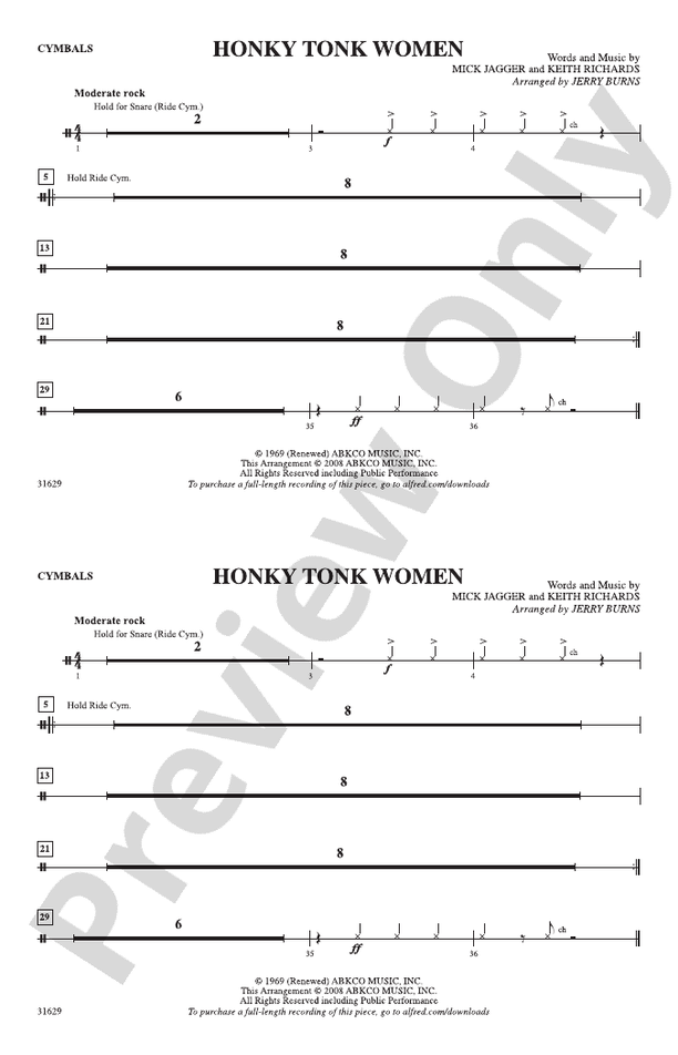 Honky Tonk Women: Cymbals: Cymbals Part - Digital Sheet Music Download