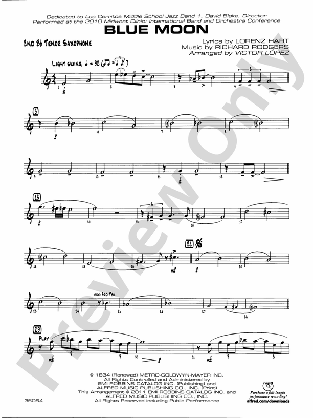 Blue Moon 2nd B Flat Tenor Saxophone 2nd B Flat Tenor Saxophone Part