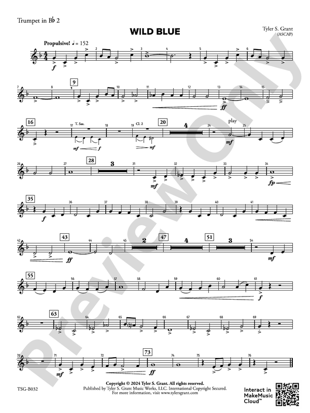 Wild Blue: 2nd B-flat Trumpet: 2nd B-flat Trumpet Part: Tyler S. Grant - Digital Sheet Music ...