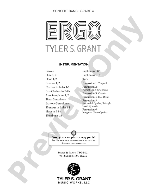 Ergo: Concert Band Conductor Score & Parts: Tyler S. Grant - Digital Sheet Music Download