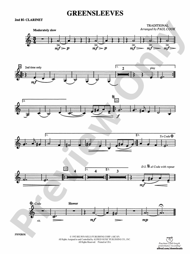 Greensleeves: 2nd B-flat Clarinet: 2nd B-flat Clarinet Part - Digital ...