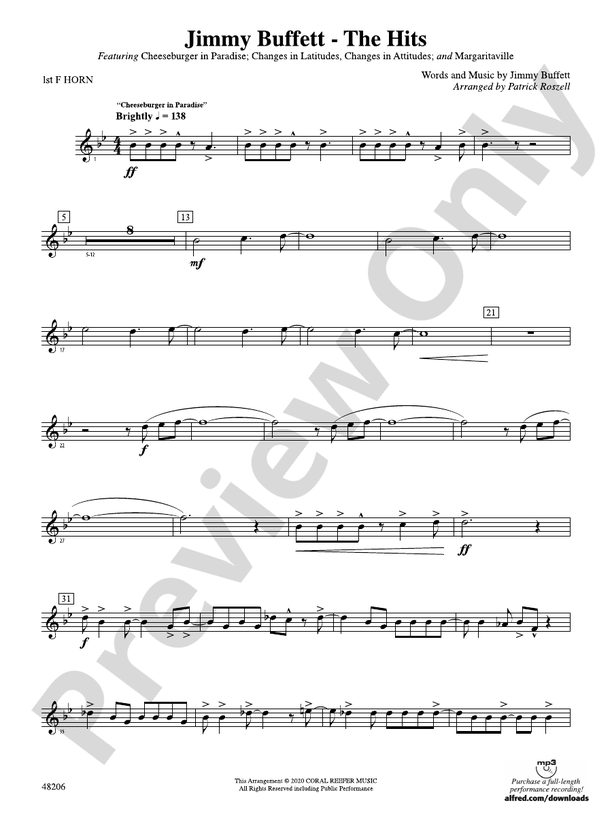 Jimmy Buffett--The Hits: 1st F Horn: 1st F Horn Part - Digital Sheet ...