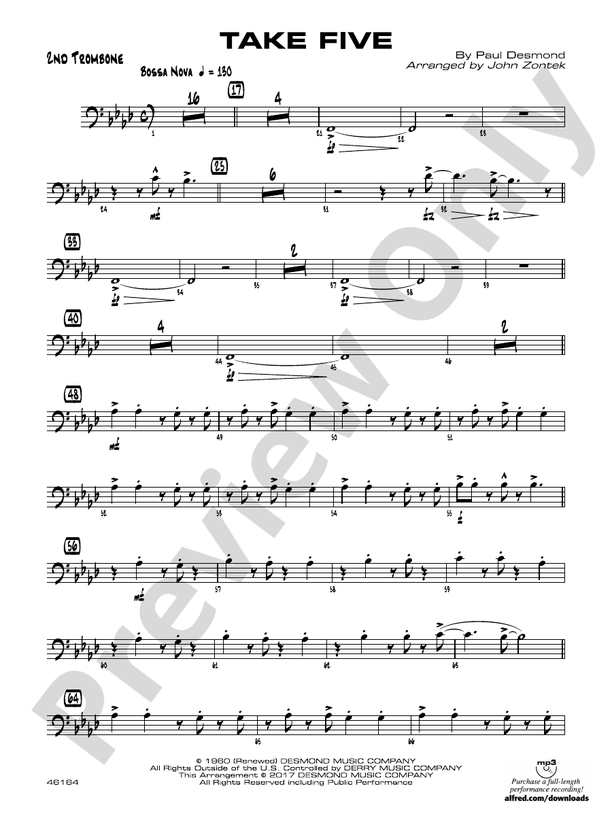 Take Five: 2nd Trombone: 2nd Trombone Part - Digital Sheet Music Download