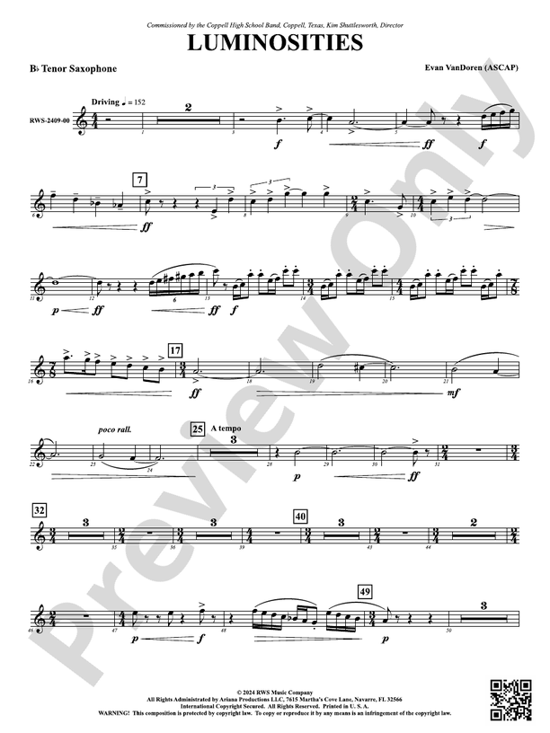 Luminosities: B-flat Tenor Saxophone: B-flat Tenor Saxophone Part: Evan VanDoren - Digital Sheet ...
