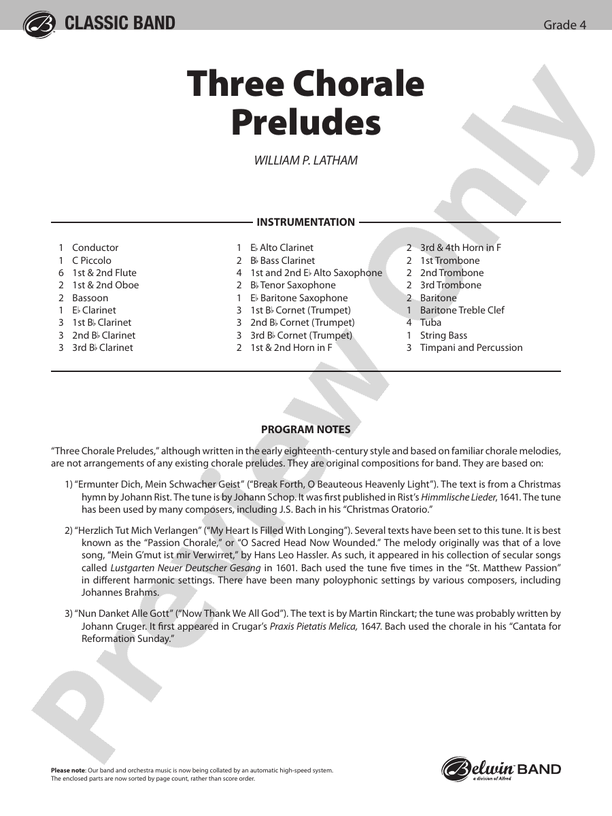Three Chorale Preludes: Concert Band Conductor Score & Parts: William P ...