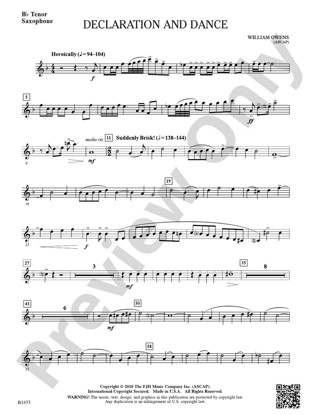 Declaration and Dance: B-flat Tenor Saxophone: B-flat Tenor Saxophone Part: William Owens ...