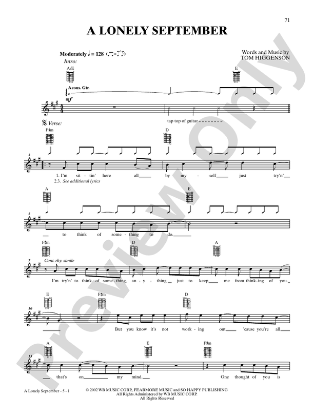 A Lonely September: Guitar: Plain White T's - Digital Sheet Music Download