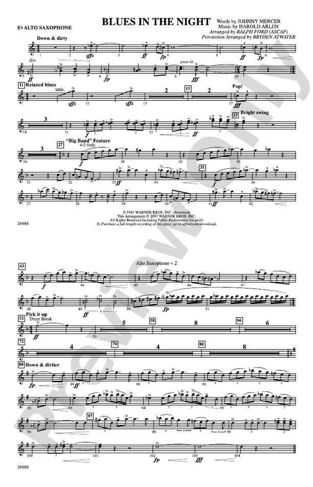 Blues In The Night E Flat Alto Saxophone E Flat Alto Saxophone Part