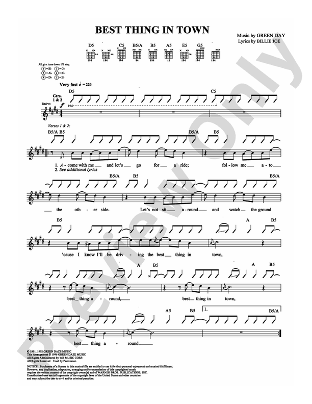 Best Thing in Town: Guitar TAB: Green Day - Digital Sheet Music Download