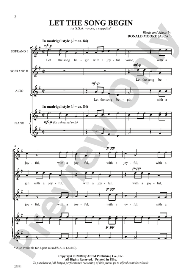 Let the Song Begin: SSA, a cappella Choral Octavo: Donald Moore ...