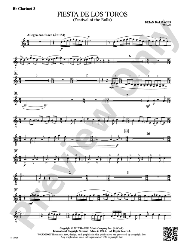 Fiesta de los Toros: B-flat Clarinet 3: B-flat Clarinet 3 Part: Brian ...