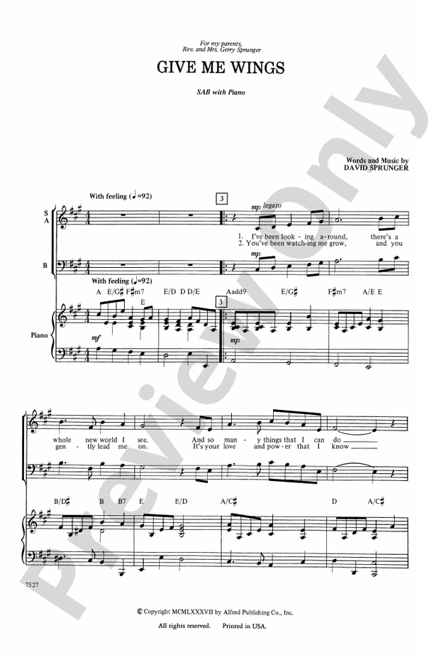 Give Me Wings: SAB Choral Octavo: David Sprunger - Digital Sheet Music ...