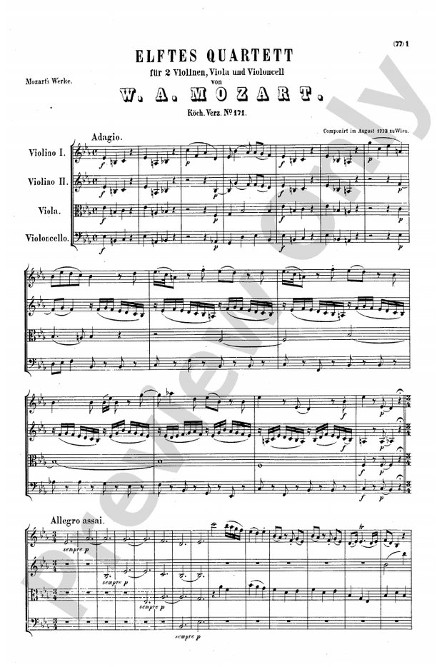 Mozart: String Quartets: String Quartet in E flat Major, K. 171 Part - Digital Sheet Music Download