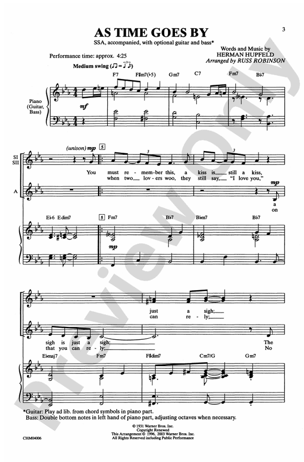 As Time Goes By: SSA Choral Octavo: Herman Hupfeld - Digital Sheet ...
