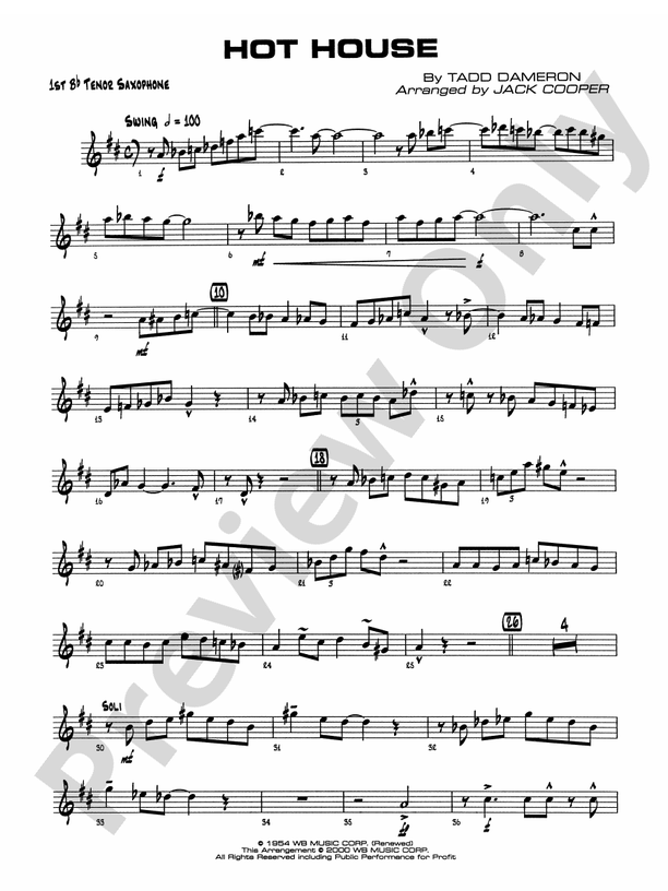 Hot House: B-flat Tenor Saxophone: B-flat Tenor Saxophone Part ...