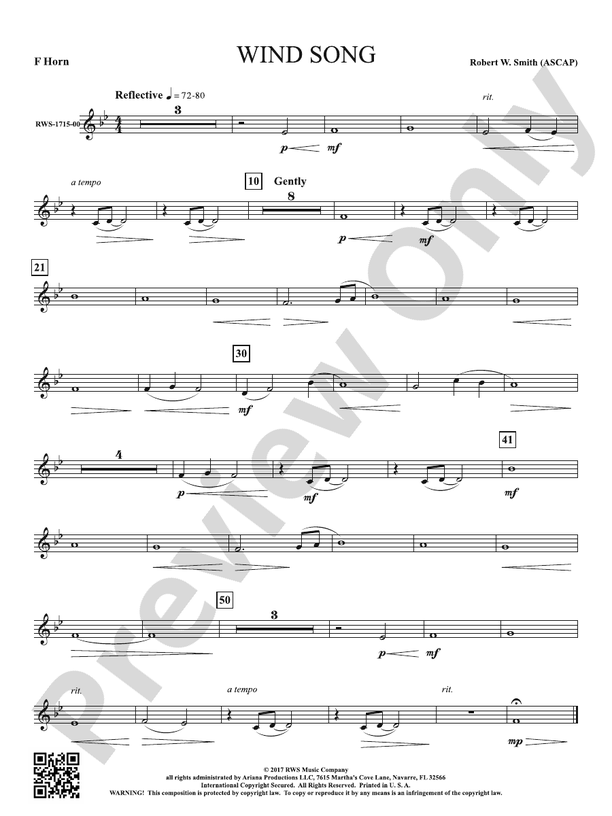 Wind Song: 1st F Horn: 1st F Horn Part: Robert W. Smith - Digital Sheet ...