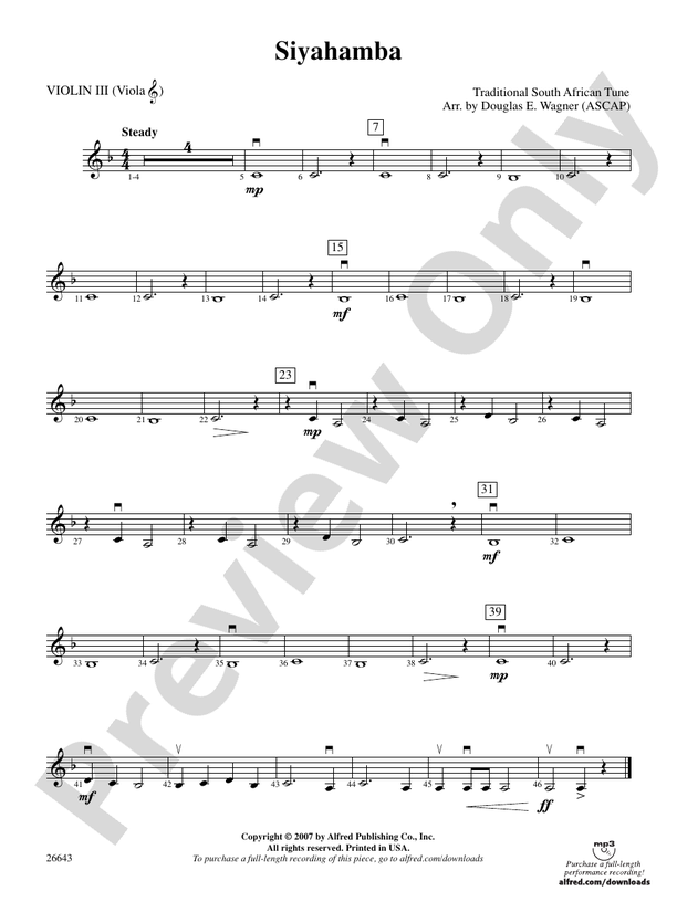 Siyahamba: 3rd Violin (Viola [TC]): 3rd Violin (Viola [TC]) Part ...