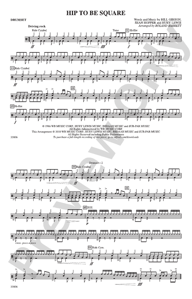 Hip to Be Square: Drumset: Drumset Part - Digital Sheet Music Download