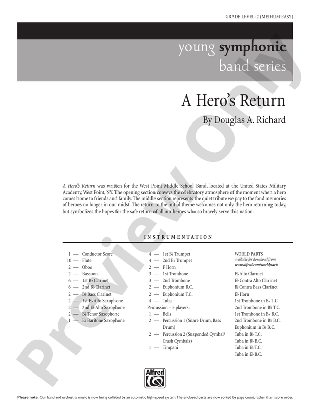 A Hero's Return: Concert Band Conductor Score & Parts: Douglas A ...
