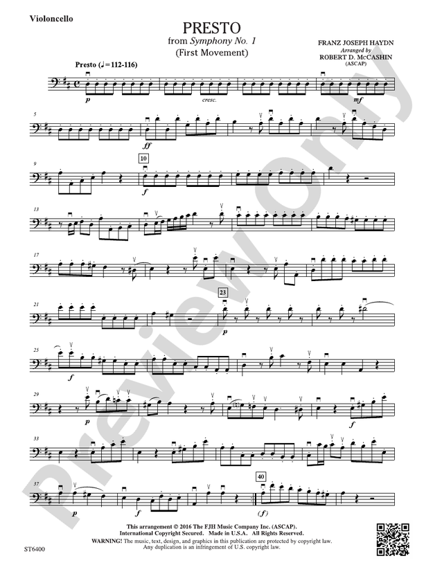 Presto from Symphony No. 1 (First Movement): Violoncello: Violoncello Part: Franz Joseph Haydn ...