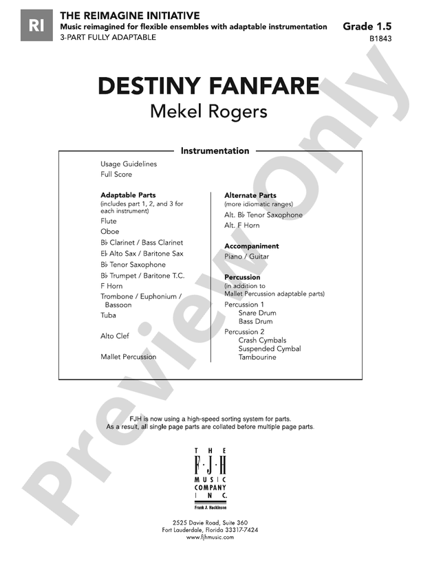 Destiny Fanfare: Score: 3-Part Fully Adaptable with Percussion Score: Mekel Rogers - Digital ...