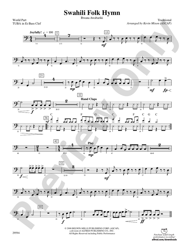 Swahili Folk Hymn (Bwana Awabariki): (wp) E-flat Tuba B.C.: (wp) E-flat ...