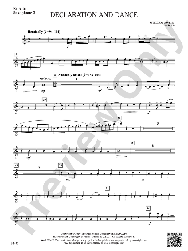 Declaration and Dance: E-flat Alto Saxophone 2: E-flat Alto Saxophone 2 Part: William Owens ...