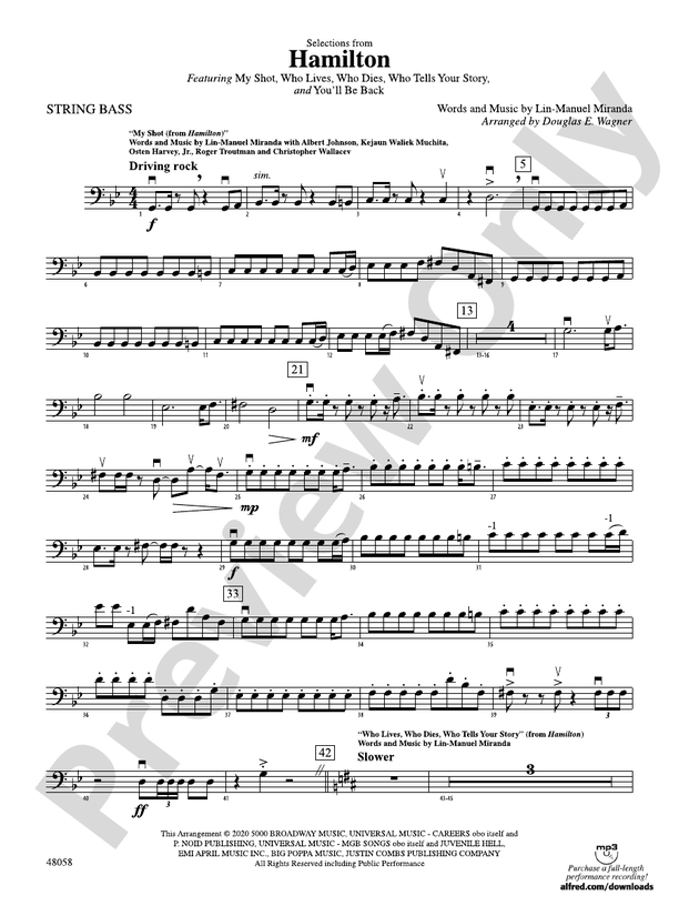 Selections from Hamilton: String Bass: String Bass Part - Digital Sheet ...