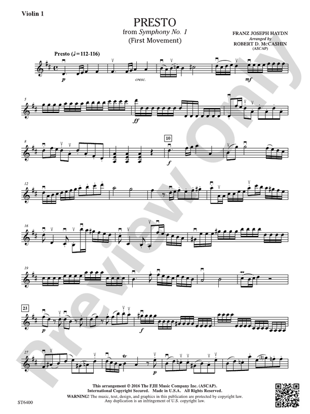 Presto from Symphony No. 1 (First Movement): Violin 1: Violin 1 Part: Franz Joseph Haydn ...