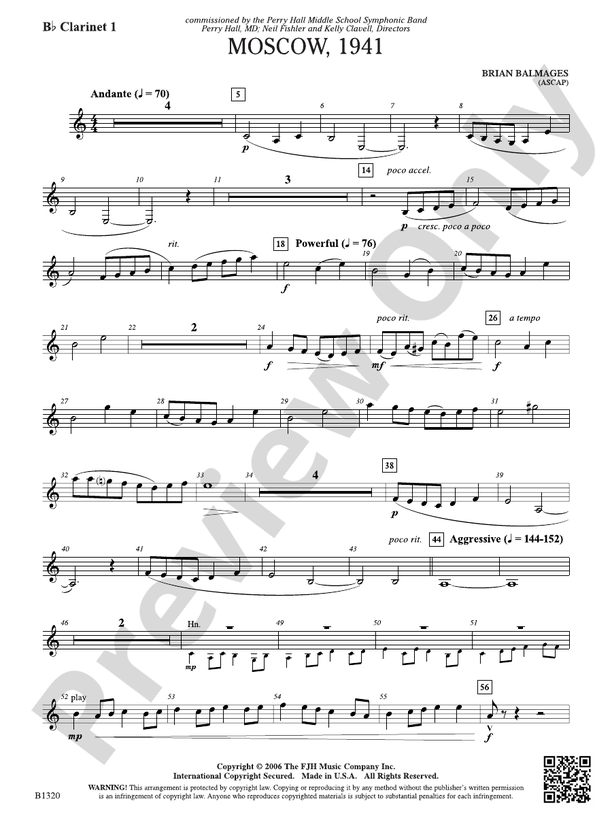 Moscow, 1941: B-flat Clarinet 1: B-flat Clarinet 1 Part: Brian Balmages ...