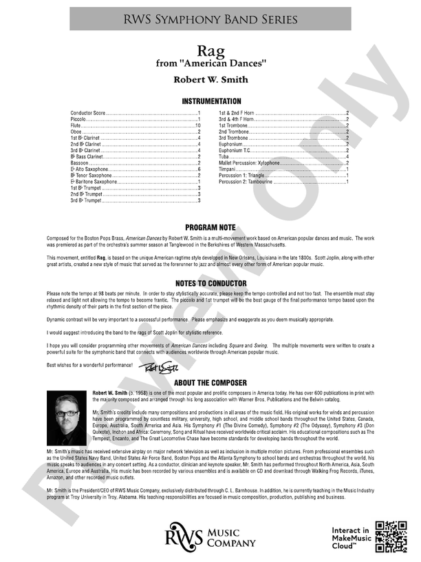 Rag - Mvt. 1 from American Dances: Concert Band Conductor Score & Parts ...